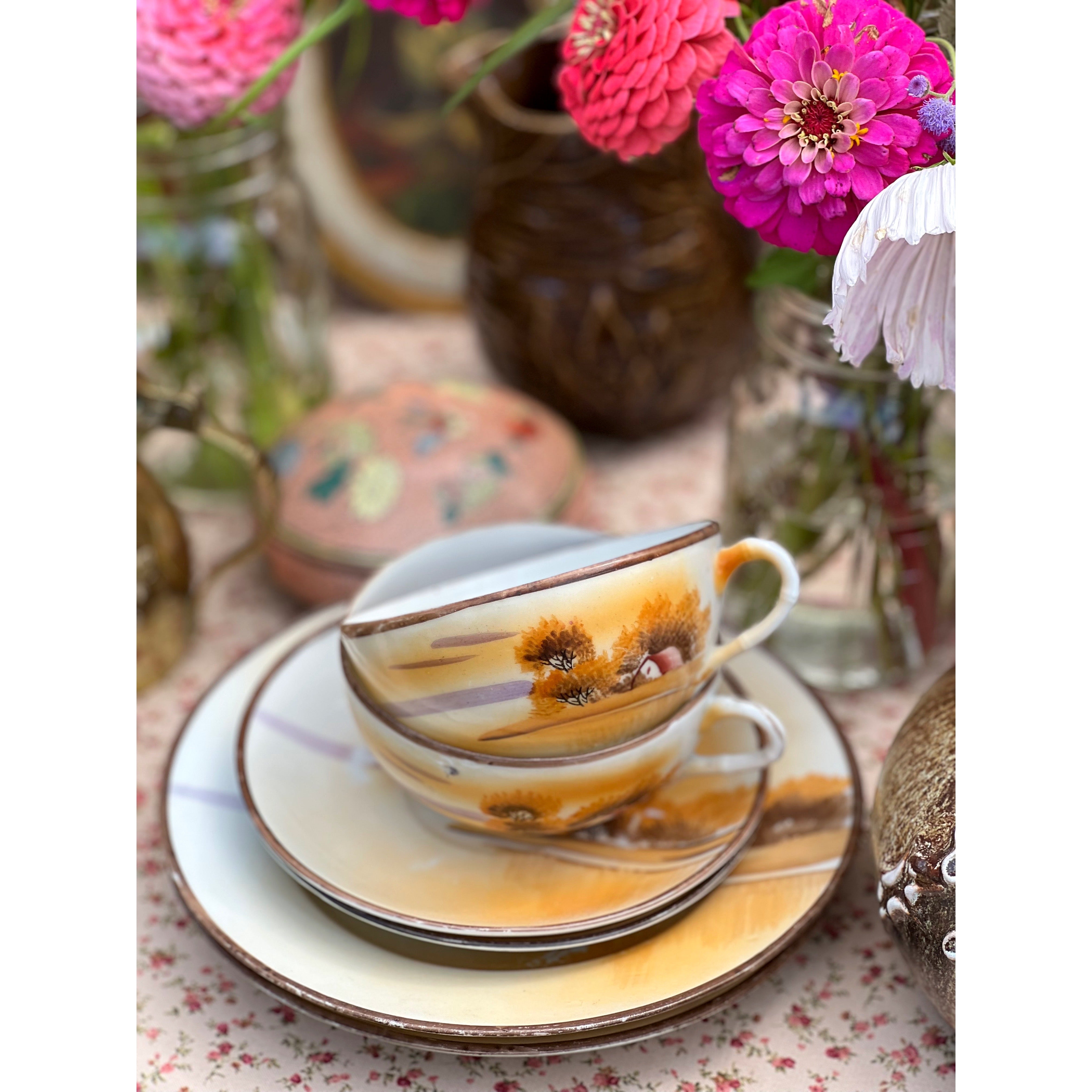 Pair of Hand Painted TT Japan Tea Cups & Snack Plates – feastvintage